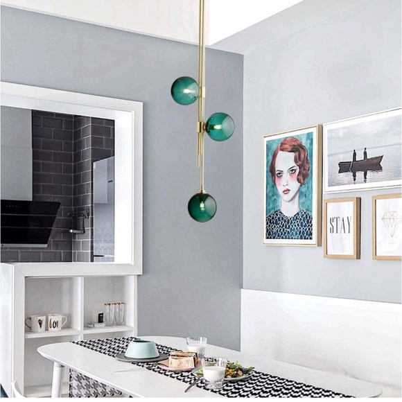 Accents | Mcm Green Glass Gold 3 Globe Pendant Light Fixture New In Box ...